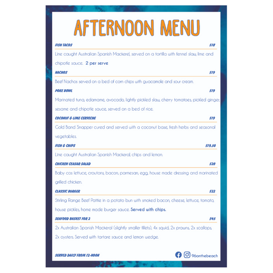 96 On The Beach Menu