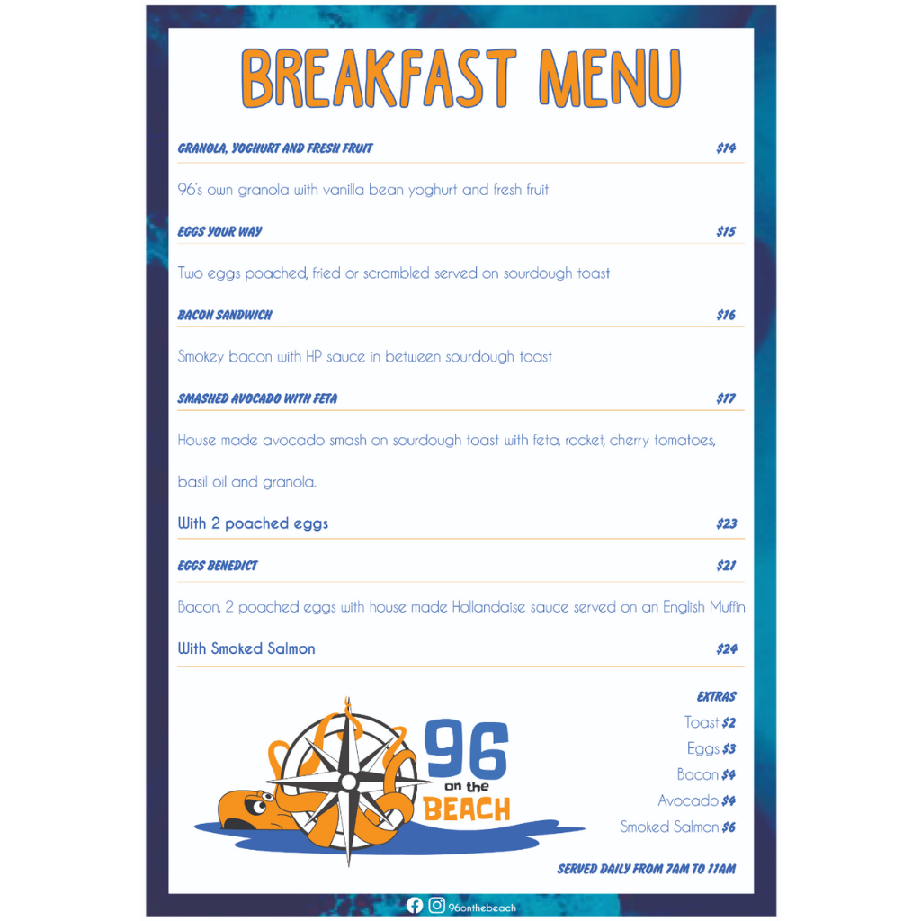 96 On The Beach Menu