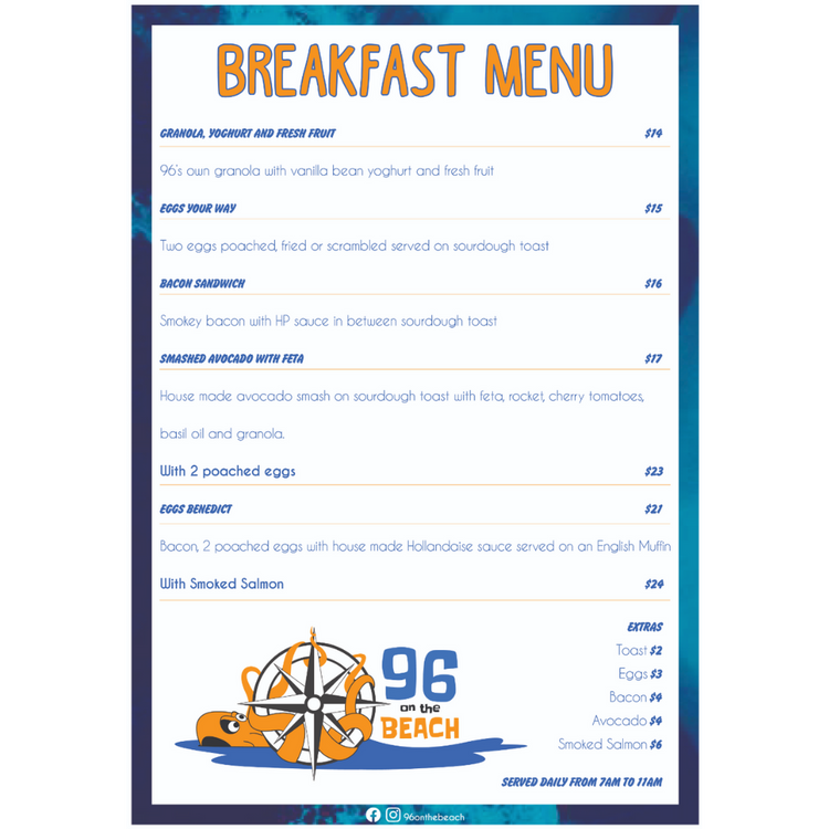 96 On The Beach Menu